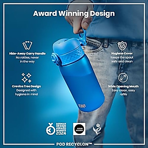 Ion8 Small Water Bottle, 350 ml/12 oz, Leak Proof, Easy to Open, Secure Lock, Dishwasher Safe, BPA Free, Carry Handle, Hygienic Flip Cover, Easy Clean, Odor Free, Carbon Neutral, Blue