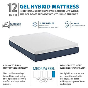 Blissful Nights e4 Premium Adjustable Bed Frame and 12-Inch Hybrid Gel Infused Memory Foam Mattress Combo Set with Massage, Anti-Snore and Zero Gravity Modes, Medium Soft (Queen)