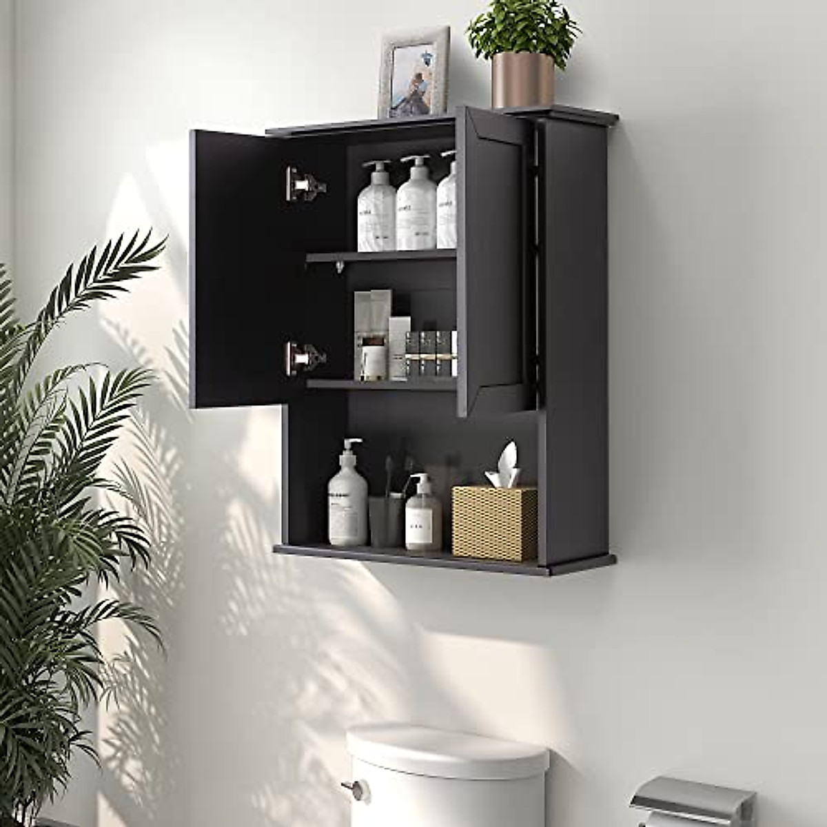 OONNEE Bathroom Wall Cabinet Black Wall Mounted Wood Medicine Cabinet, Over Toilet Storage Bathroom Cabinet with 2 Doors & Adjustable Shelf, Soft Hinge Wall Hanging Cabinet for Bathroom Laundry Room