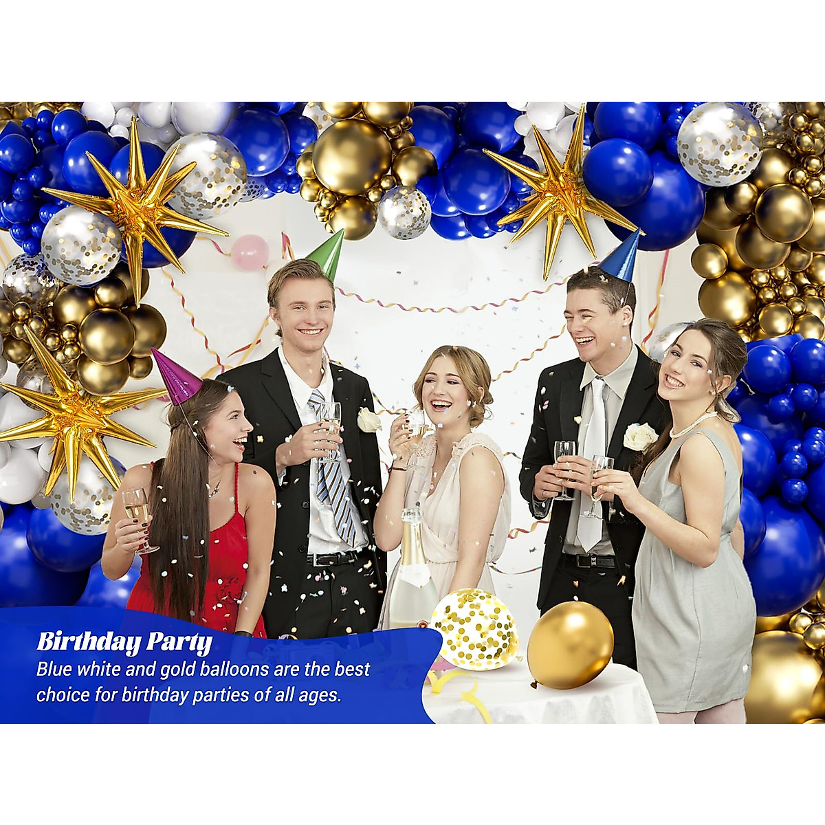 FOTIOMRG 136pcs Royal Blue and Gold Balloons Arch Garland Kit with Star Foil Balloons, 5 10 12 18 inch Navy Blue White and Gold Balloon for Anniversary Wedding New Year Birthday Party Decorations