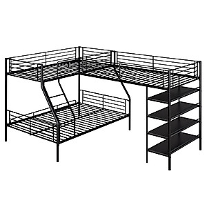 RORIGAT L-Shaped Twin Over Full Bunk Bed，Twin Size Loft Bed Full-Length Guard Rails，Triple Bunk Bed with Four Built-in Shelves and One Ladder for Bedroom, Dorm, Boys, Girls, Adults,Black