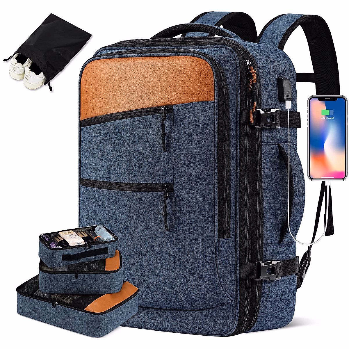 POWAITER Large Travel Backpack for Women Men Fits 17 Inch Laptop, Airline Approved Carry On Backpack with 4 Packing Cubes-Navy