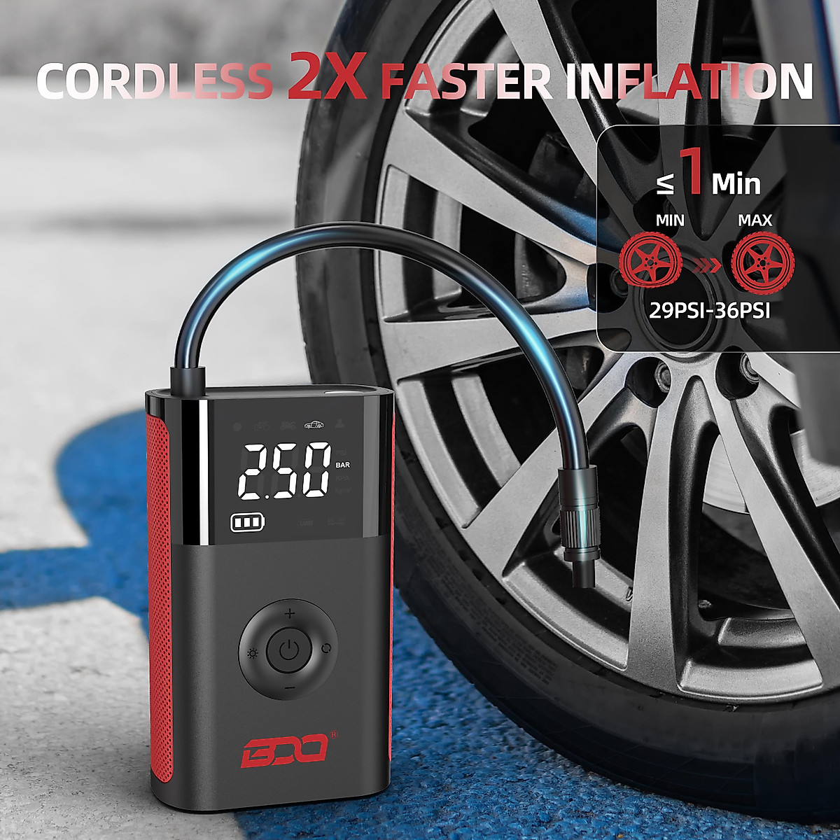 BDO 150 PSI Portable Air Compressor Pump for Car, Motorcycle, E-Bike - Tire Inflator with Pressure Gauge and 2X Inflation Cord