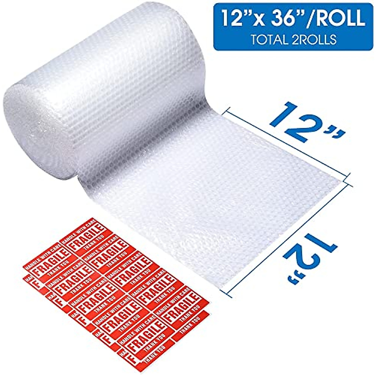 Bubble Cushioning Wrap Roll, Sumono 12 Inch x 36 Feet Total Bubble Roll Perforated 12 Inch Included 10 Fragile Sticker Label