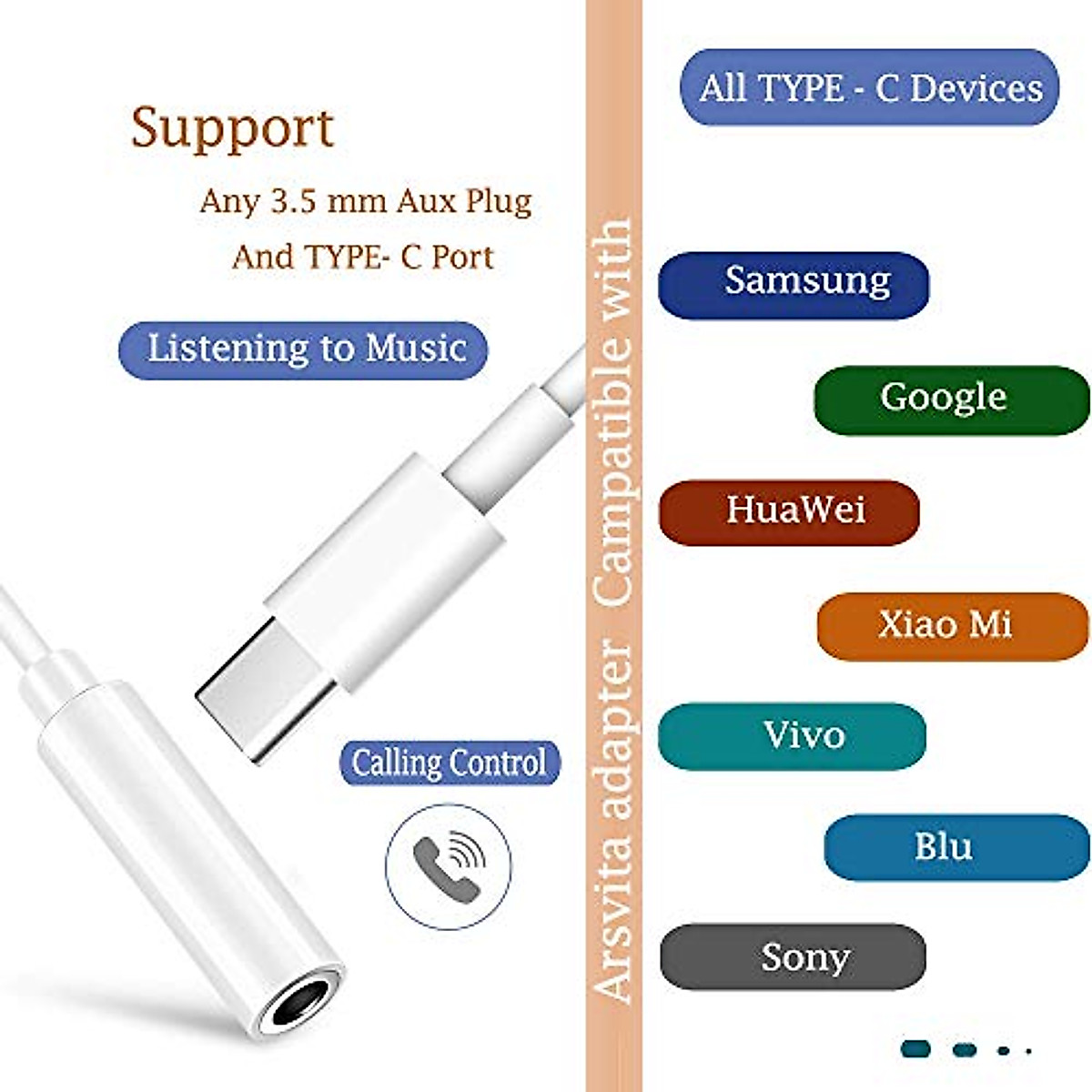 arsvita Car Audio aux Cassette Adapter and a Type C to 3.5mm Audio Aux Jack Adapter,Compatible for Google , Samsung , Xiaomi , Huawei All Type C Port Devices. --- White