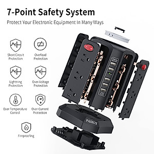 Surge Protector Power Strip Tower with 5 USB Ports and Night Light, 10FT Extension Cord with 12 AC Multiple Outlets, PASSUS Power Tower, Overload Protection for Home Office Dorm Room (Black)