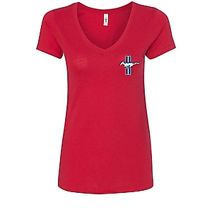 Ford Mustang The Legend Lives Women's V-Neck T-Shirt Classic Muscle Cars Tee Red Medium