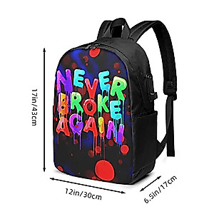 Never-Broke-Again Women Men USB Backpack 17 in Shoulders Laptop Bags Students Knapsack Schoolbag Travel Women Men