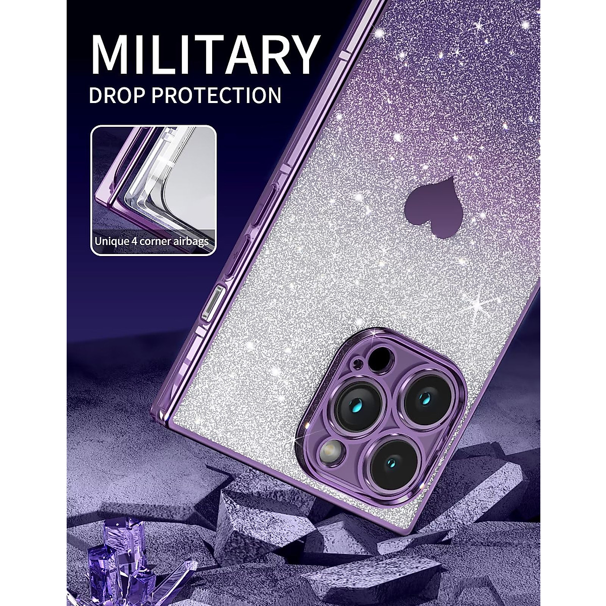Tzomsze for iPhone 14 Pro Max Case Square [2 in 1] Clear &Glitter Cute Heart Pattern,Full Lens Protection & Electroplate Reinforced Corners Shockproof Edge Bumper Case [6.7 inches] -Purple