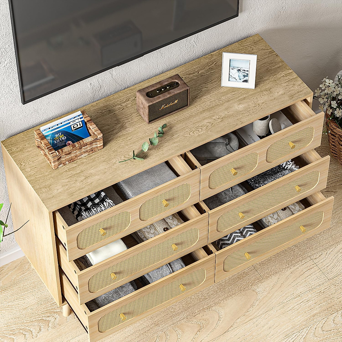 HOUROM Rattan Dresser for Bedroom, Modern 6 Drawer Double Dresser with Gold Handles, Natural Wood Storage Dressers & Chests of Drawers, 6 Drawer Dressers