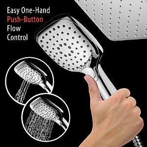 HotelSpa 10.5-in Rain Shower Head/Handheld Combo. Convenient Push-Button Flow Control Button for easy one-handed operation. Switch flow settings with the same hand! Low-Reach Bracket included