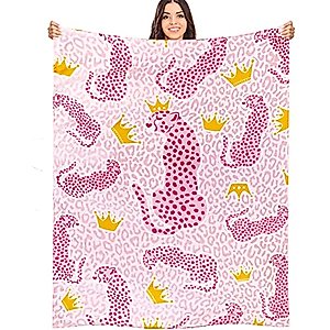 Pink Preppy Leopard Throw Blanket Cute Preppy Stuff Flannel Pink Print Soft Plush Leopard Crown Blanket Cozy Blanket Preppy Bedding Stuff Preppy Room Decor for Bed Dormitory Living Sofa, 55 x 38 in