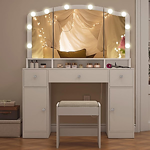 Vanity Desk with Triple Folding Mirror, Makeup Vanity with Power Outlet, Vanity Desk with 10 Lights, 3 Drawers & 2 Cabinets, Makeup Vanity Table with Soft Cushioned Stool for Women, Bedroom, White