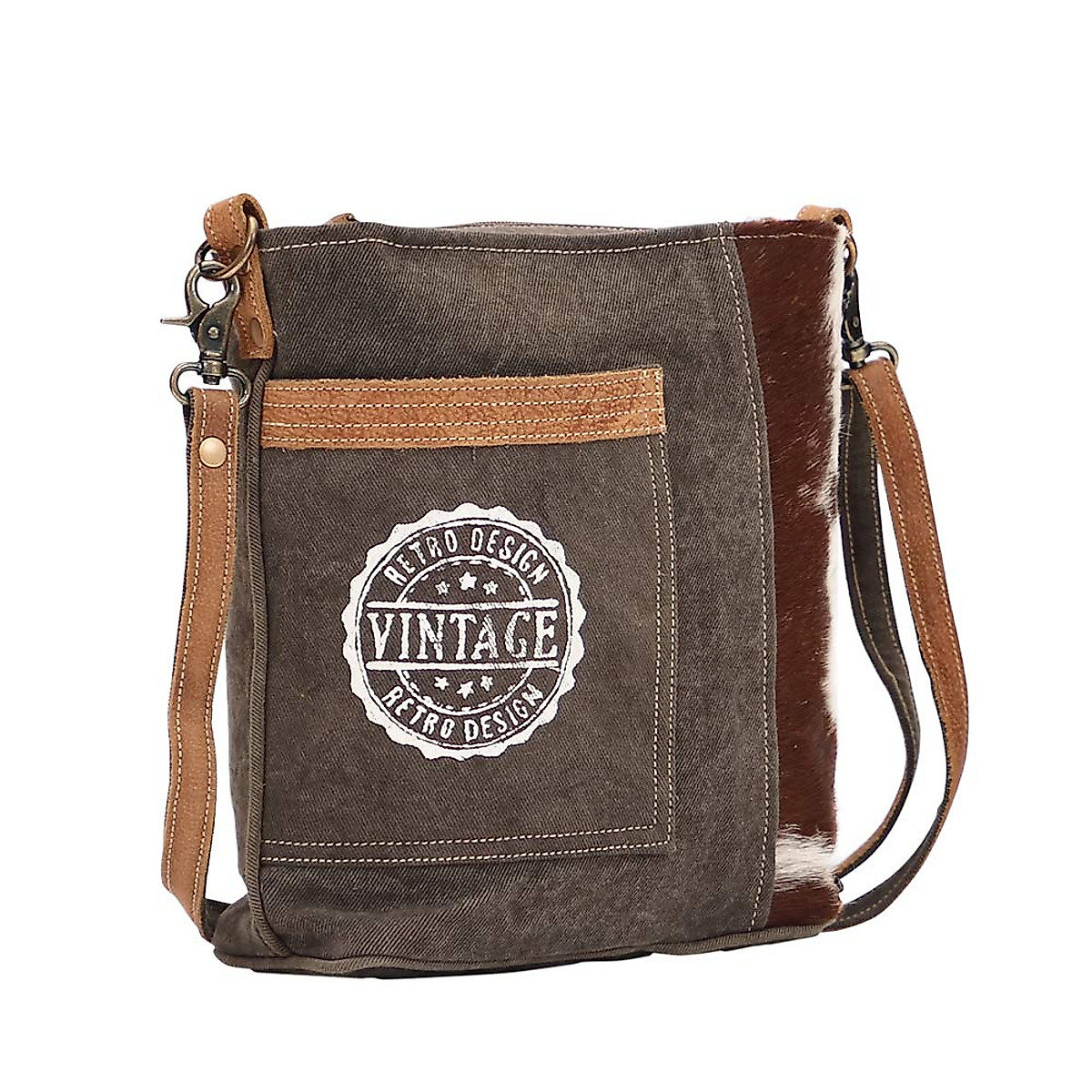 Myra Bag Vintage Stamp Upcycled Canvas & Cowhide Shoulder Bag S-1477