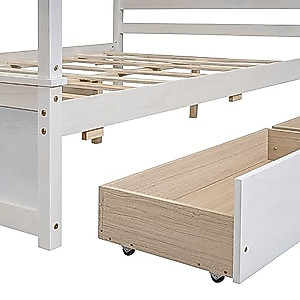 Wood Canopy Bed with 4 Storage Drawers, Full Size Canopy Platform Bed Frame with Headboard & Footboard for Kids Girls Boys, No Box Spring Needed (Brushed White)