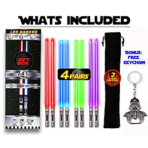 Lightsaber Chopsticks Light Up Star Wars LED Reusable Red Blue Green Purple 4 PAIRS FREE Darth Vader Keychain Bottle Opener