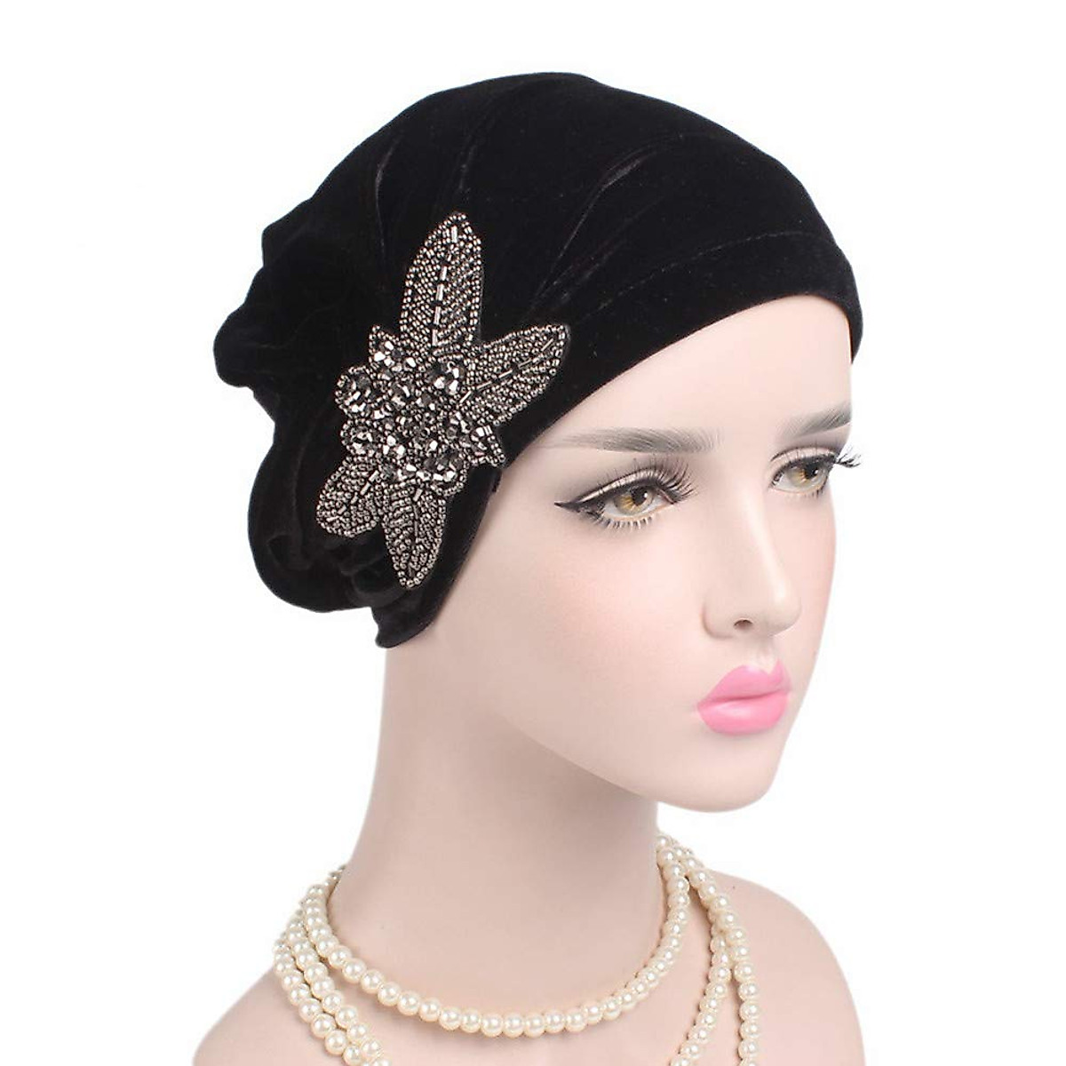 YiYi Operation Women's Stretch Velvet Turban Hat Cancer Chemo Beanie Beaded Flower Hair Wrap Cap Headwear (Black)