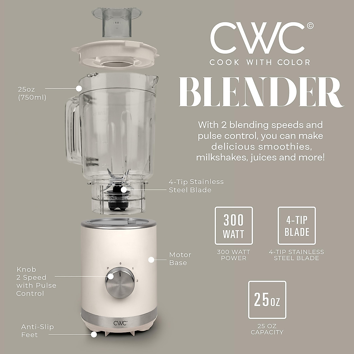 COOK WITH COLOR 300 Watt Blender: Powerful 2-Speed Control with Pulse, 4-Tip Stainless Steel Blades, 25oz (750ml) Jar, and Skid-Resistant Feet, Creme