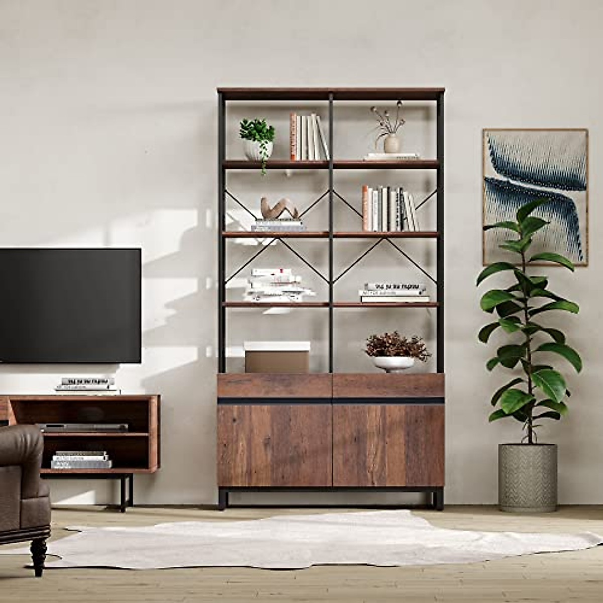 WAMPAT 2 PCS of 73" Tall Bookshelf with Storage Cabinet，5 Tier Industrial Standing Display Bookcase for Home & Office