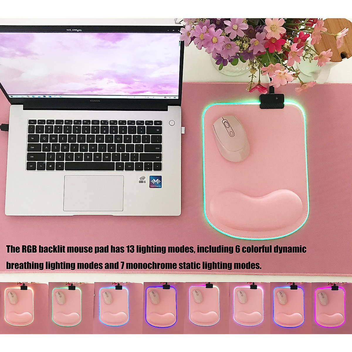 RGB Mouse Pad with Wrist Support, LED Mouse Pad with 13 Lighting Modes, Anti-Slip Rubber Base, Pain Relief Computer Ergonomic Mouse Pad for Gaming, Office, Home, 11.8 x 8.5 in (Pink)