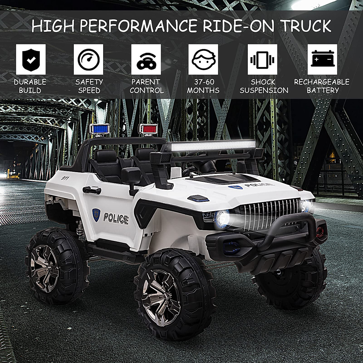 Aosom 53" L 2-Seater 12V Police Car Ride On Truck with Remote Control, Battery Operated Electric Car for Kids with Suspension, MP3 Player, Lights, Music, Horn, White