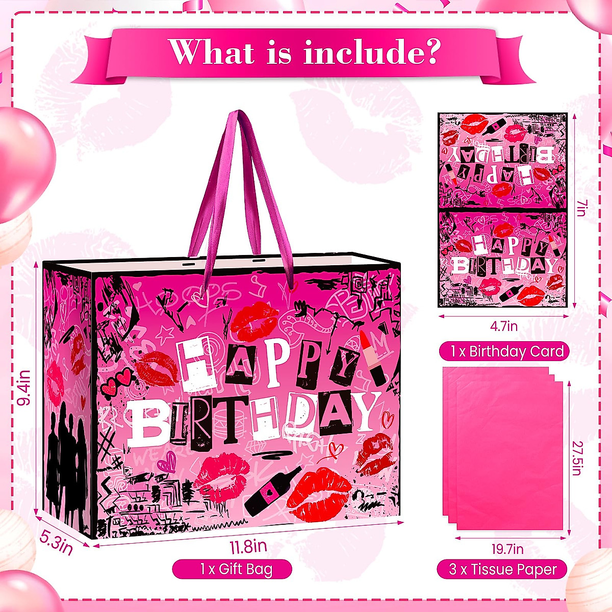 11.8”Large Pink Gift Bag for Girls Birthday, Happy Birthday Gift Bag with Greeting Card Tissue Paper Pink Black Women Birthday Gift Wrapping Paper Bags for Girl Birthday Decorations Party Supplies