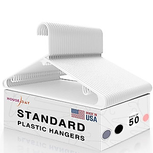 HOUSE DAY Plastic Hangers White 50 Pack Durable & Space Saving Clothes Hangers Bulk Suit & Coat Hangers with Non-Slip Hook Closet Hangers Lightweight Hangers for Clothing, Shirts, Pants, Dresses