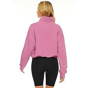 Trendy Queen Half Zip Pullover Womens Sweatshirts Cropped Hoodies Quarter Zip Long Sleeve Fall Outfits Fashion Clothes 2023 Pink
