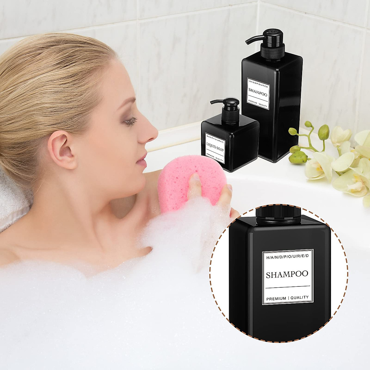 20 Pack 22oz 8oz Shower Refillable Dispenser with 20 Waterproof Labels for Bottles Shampoo and Conditioner Dispenser Square Pump Bottle Refillable Shampoo Bottles for Body Wash (Black)