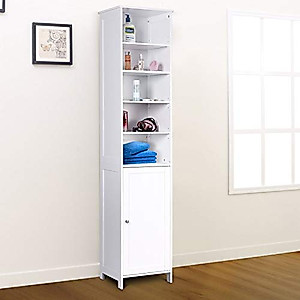 WATERJOY 72'' Tall Cabinet, Standing Tall Storage Cabinet, Wooden White Bathroom Cupboard with Door and 5 Adjustable Shelves, Elegant and Space-Saving