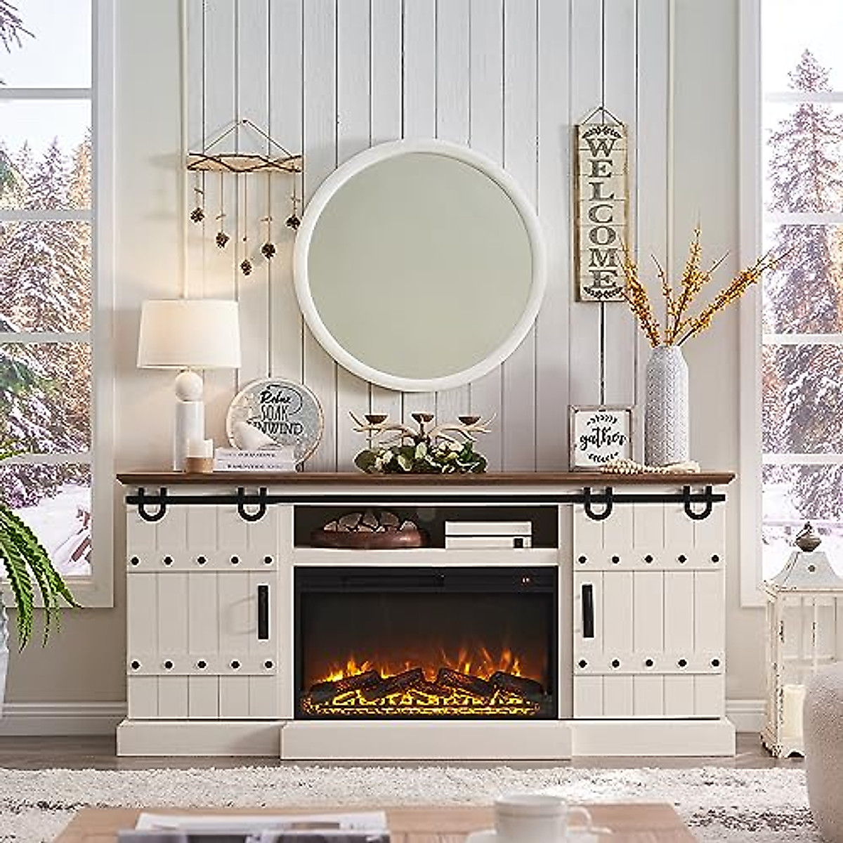 OKD 70'' Fireplace TV Stand for 75+ 80 Inch TV, Farmhouse Highboy Entertainment Center with 30" Electric Fireplace &Sliding Barn Doors, Rustic Tall Media Console Cabinet for Living Room, Antique White