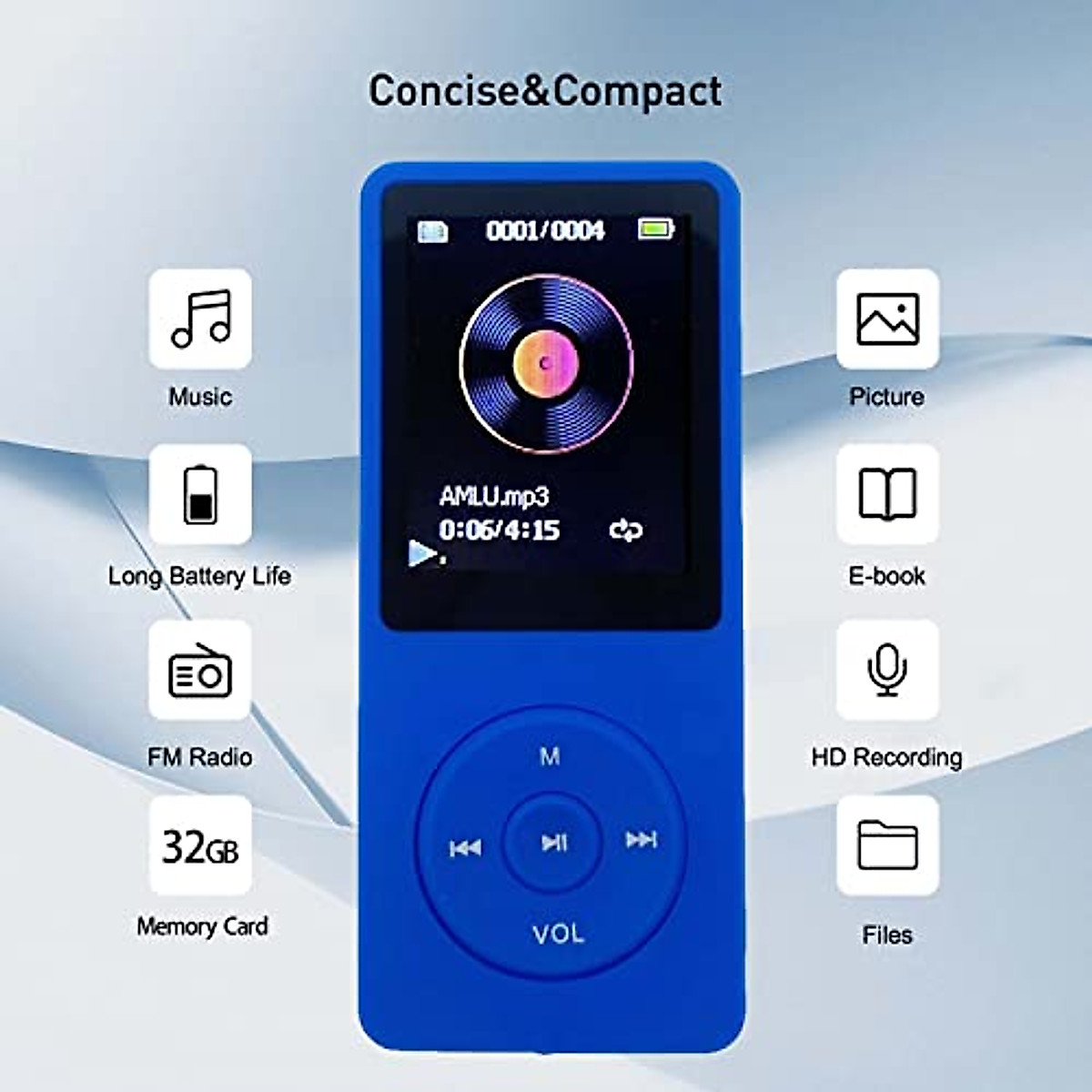 MP3 Player 32GB with Speaker FM Radio Earphone Portable Mini Blue Music Player Voice Recorder E-Book 1.8 inch HD Screen Support up to 128GB