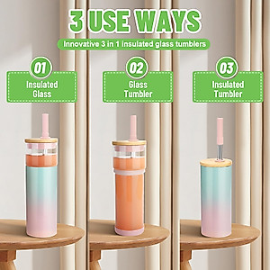 Tronco 20 oz Double Walled Insulated Glass Tumbler with Straw and Lid, Vacuum Stainless Steel Outer, Reusable Insulated Iced Coffee Cup Smoothie Cup, Sweat-Free, BPA Free