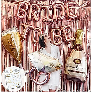 Bachelorette Party Decorations, Bridal Shower Decorations Bride to Be Balloons Rose Gold Bridal Foil Curtain Backdrop (Give Temporary Tattoos)