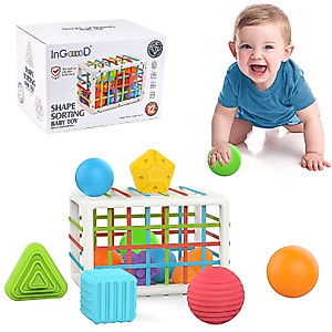 Ingooood Baby Shape Sorting Toy,Sensory Sorting Bin with Elastic Bands,Montessori Toys for 1-3 Year Old (Classic-12 Piece)