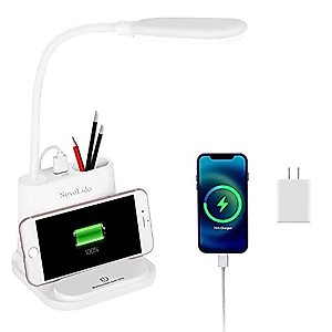 NovoLido LED Desk Lamp with Wireless Charger, Small Desk Light with 10W Quick Adapter, USB Charging Port, Pen Holder, Small Flexible Portable Lamp for Kids, Home, Office, Dorm, Bedside