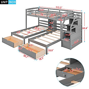 Triple Bunk Beds with Stairs , Wood Twin Over Twin & Twin Bunk Bed with Storage Drawers and Built-in Shelves, Triple Bed for Kids ,3 Bed Bunk Beds with Storage for Girls Boys ,Grey