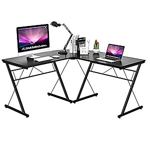 Tangkula L-Shaped Desk Corner Computer Desk, Space-Saving & Multifunctional Home Office Desk Writing Workstation Study Desk with Round Corner (Black)