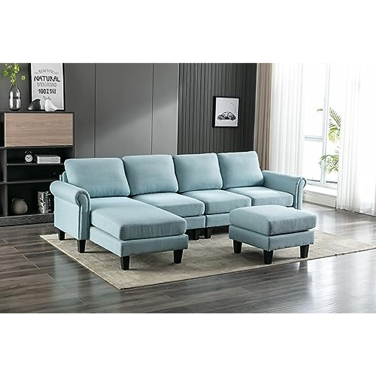 Convertible Sectional Sofa Couch, U Shaped Modular Accent Sofa with Ottoman and 2 Pillows and Solid Wood Legs, Modern Fabric Upholstered Sofa Set, for Living Room, Lounge, Light Blue