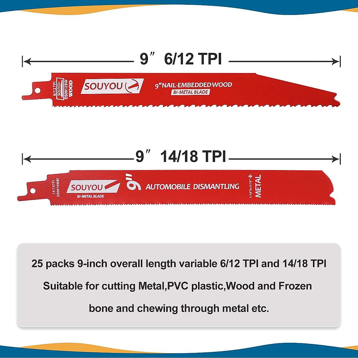 Souyou 25 Pack 9 Inch 6/12 Tpi Reciprocating Saw Blades Bi-Metal Steel Demon with Perma-Shield Coating Stud and Nail Sawzall Blades Sawzall Blades for Cutting Embedded Wood Metals PVC Pallets etc.
