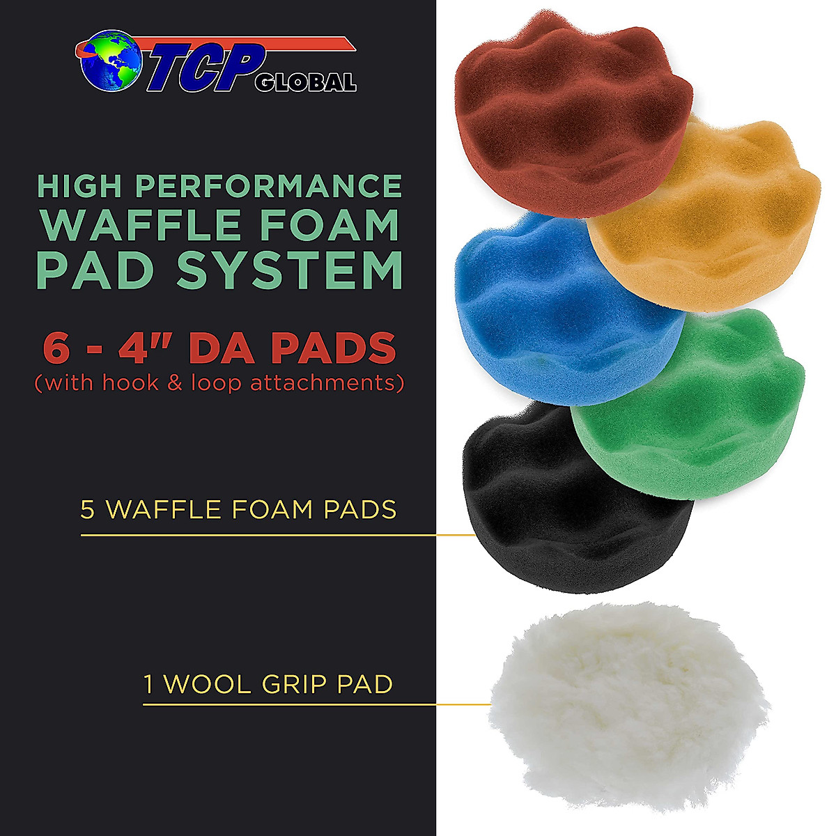 6 Pad Kit of 4" DA Polishing Pads with 5 Waffle Foam & 1 Wool Grip Pads - High Performance TCP Global Brand - Buff, Polish & Detail Car Auto Paint - Boat Gelcoat, Fiberglass Polisher Pads