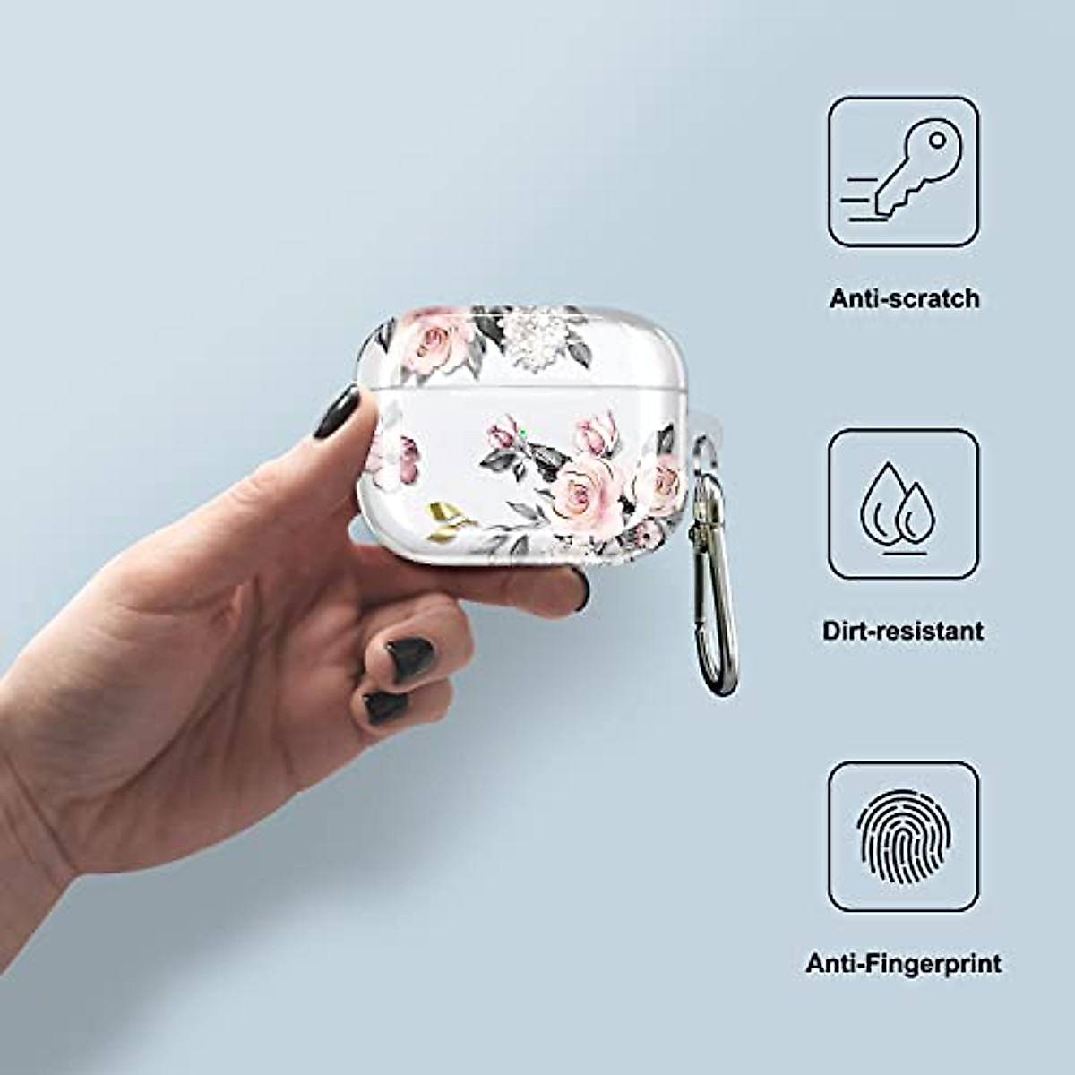 RXKEJI Compatible AirPods Pro Case Cover, Rose Flower Clear Case Cute Protective Soft Shockproof Cover with Keychain for Women Girls Compatible with AirPods Pro Wireless Charging Case - Pink