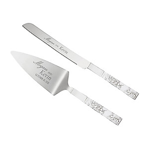 Lenox Bridal Silver Peony Personalized Wedding Cake Cutting Set, Custom Engraved Wedding Cake Knife and Server Set, Accessories and Gifts for Bride and Groom