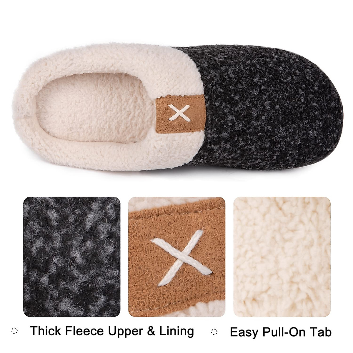 VeraCosy Men's Comfort Memory Foam Slippers Wool-Like Plush Fleece Lined House Shoes w/Indoor, Outdoor Durable Rubber Sole (Space Black,11-12 US)