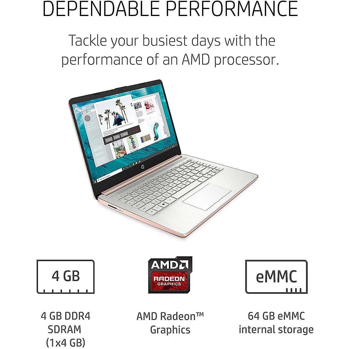 HP - 14-fq0060nr 14 Laptop, AMD 3020e, 4 GB RAM, 64 GB eMMC Storage, 14-inch HD Touchscreen, Windows 10 Home in S Mode, Long Battery Life, Microsoft 365, (14-fq0060nr, 2020) Pale Rose Gold