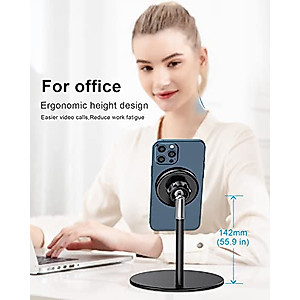 EWA Magnetic Phone Stand, 360°Rotation Adjustable Cell Phone Stand for Desk/Nightstand/Office, Hands-Free Metal Magnetic Phone Holder Stand, Compatible with iPhone 15/14/13/12 Magsafe Case, Black
