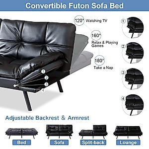 MUUEGM Futon Sofa Couch Bed,Convertible Memory Foam Sofa Bed,Modern Faux Leather Adjustable Backrest Armrests Folding Futon Sleeper Couch Loveseat for Living Room,Office,Apartment,Small Space,Black