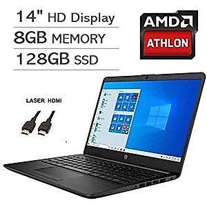 2020 Newest HP 14 Inch Premium Laptop, AMD Athlon Silver 3050U up to 3.2 GHz(Beat i5-7200U), 8GB DDR4 RAM, 128GB SSD, Bluetooth, Webcam,WiFi,Type-C, HDMI, Windows 10 S, Black + Laser HDMI