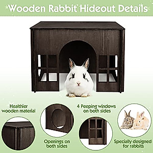 Rabbit House Wooden, Rabbit Houses and Hideouts WHEARTED, Large Rabbit Hideout Bunny House with Multiple Windows for Indoor Adult Bunnies Guinea Pigs Chinchilla Habitat - Walnut Color
