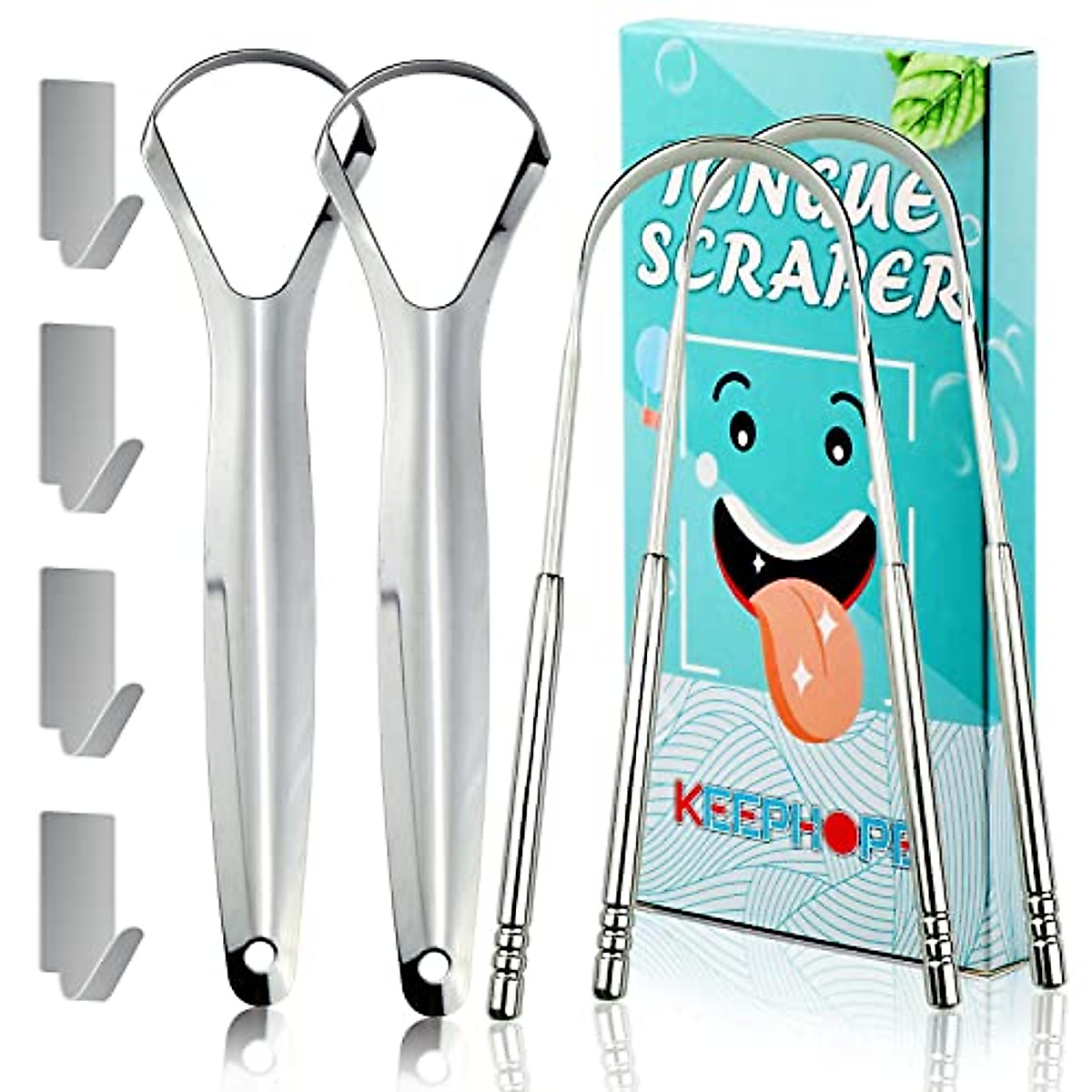 Tongue Scraper with Mini Hooks (4 Pack) Stainless Steel Tongue Cleaner Tongue Cleaning Tools for Adults and Kids Oral Care Eliminate Bad Breath Tongue Brush
